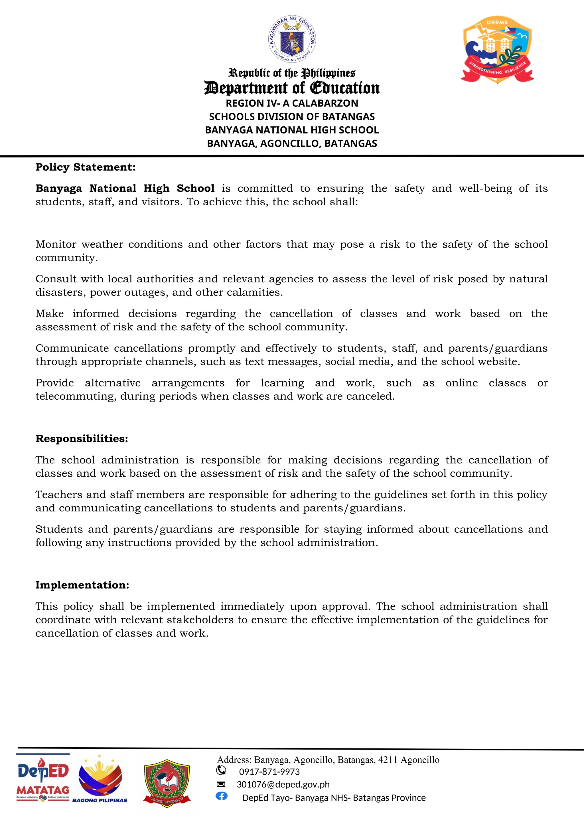 Localized School Guidelines In Class Suspension Docx