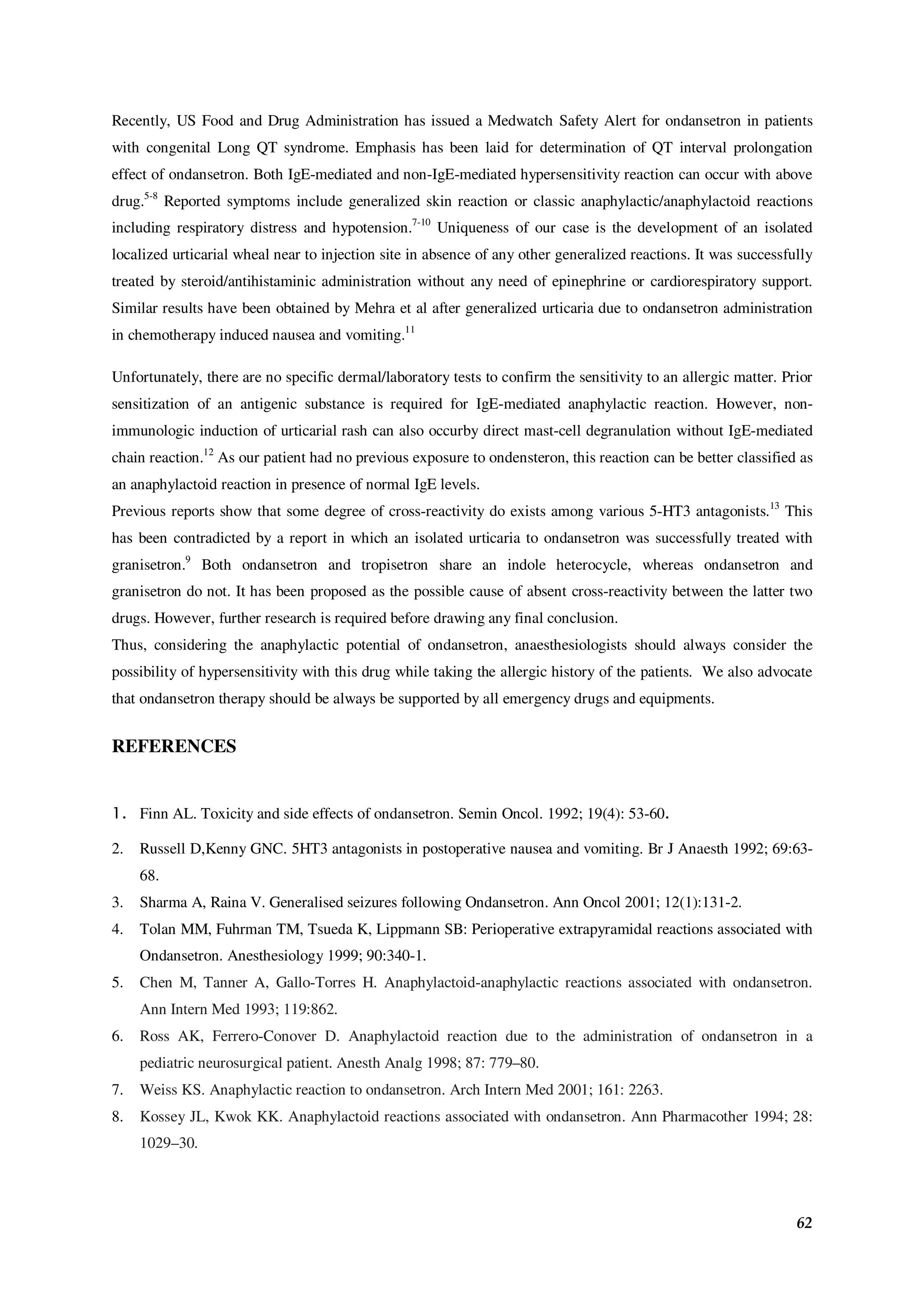 Localized urticaria with intravenous ondansetron a case report.acta ...