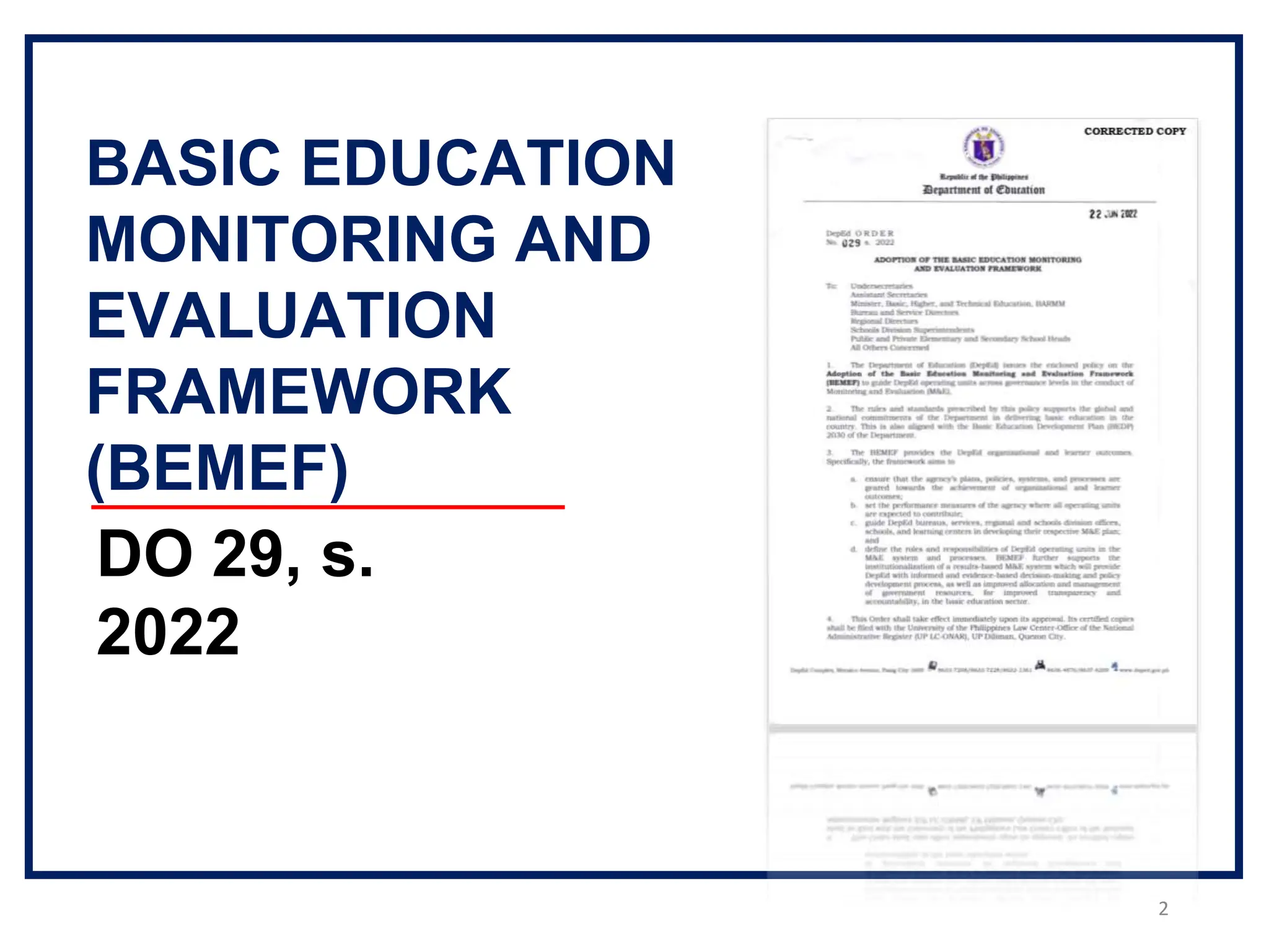 the basic education monitoring and evaluation framework (bemef).pptx | Education