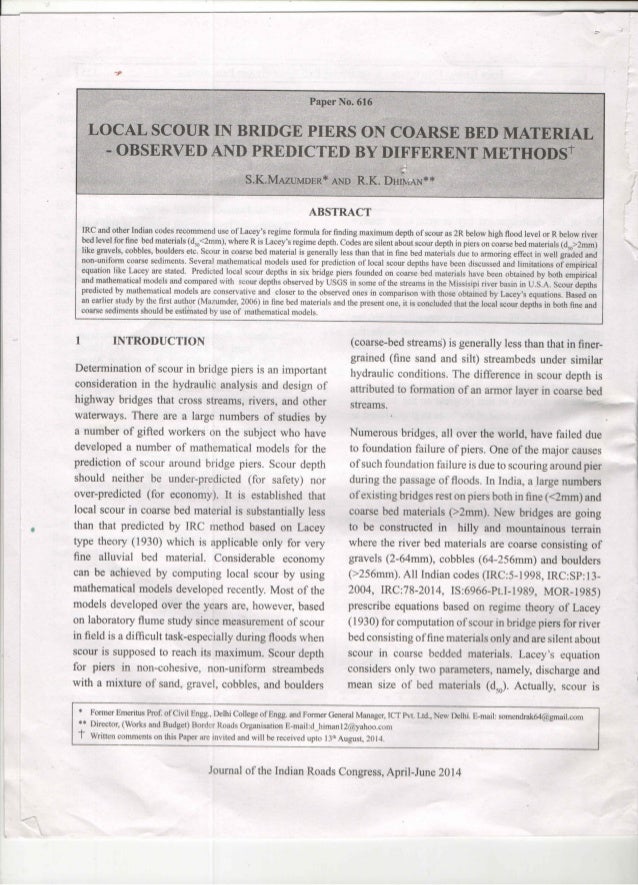 Local scour in bridge piers on coarse bed material- observed and perdicted by different method | PDF