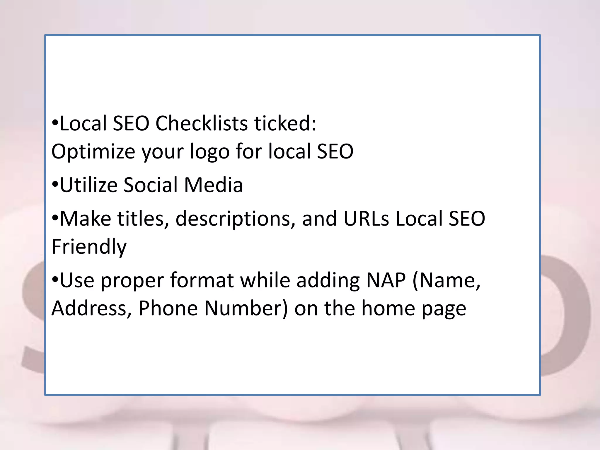 Local Seo Checklist | PPTX | Social Networking | Internet