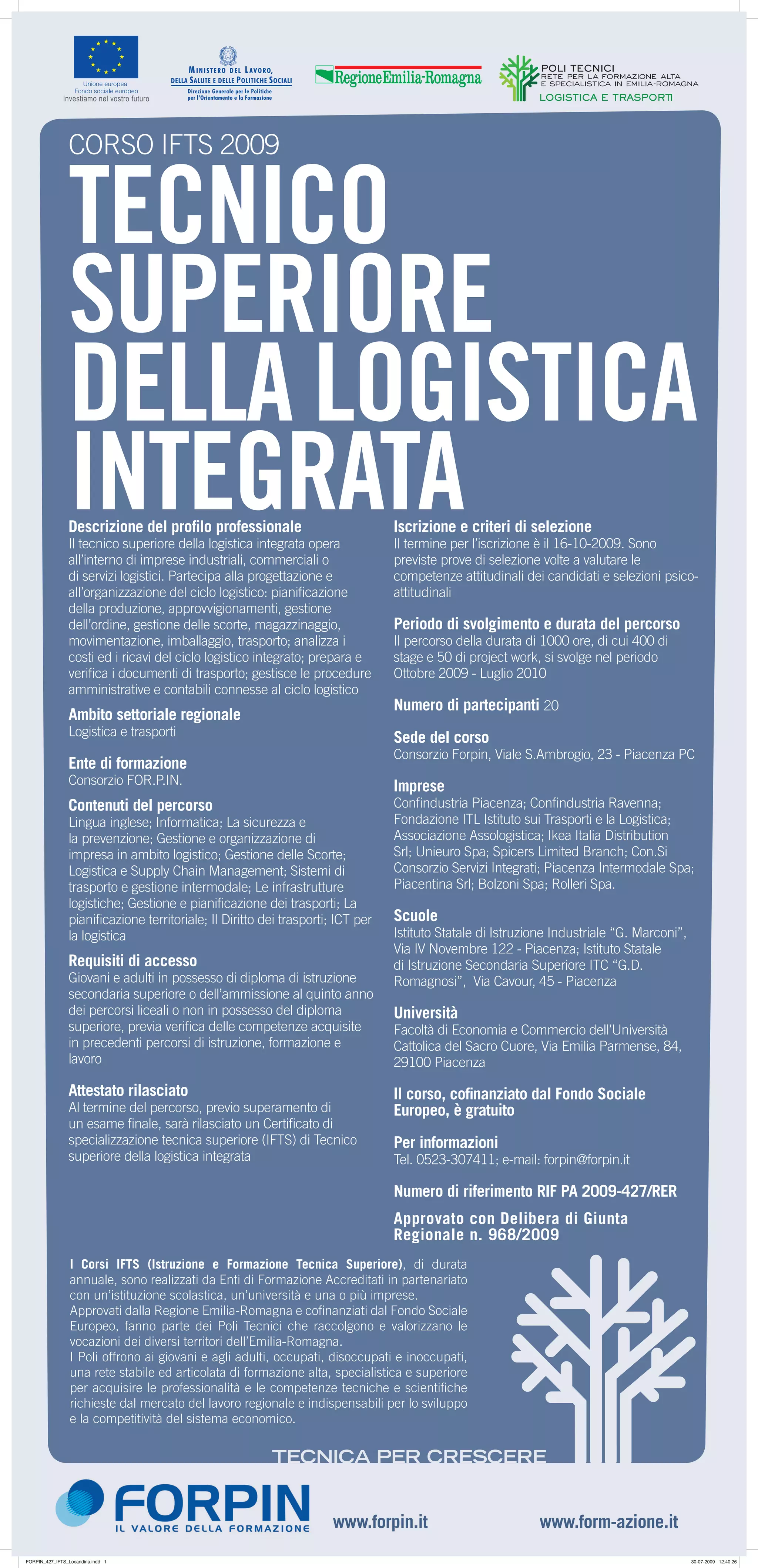 Corso Ifts 2009 - Locandina Tecnico superiore della logistica integrata | PDF