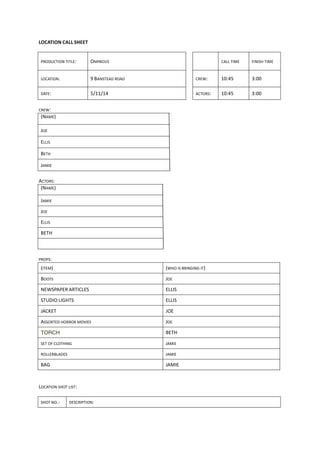 Location Call Sheet | PDF