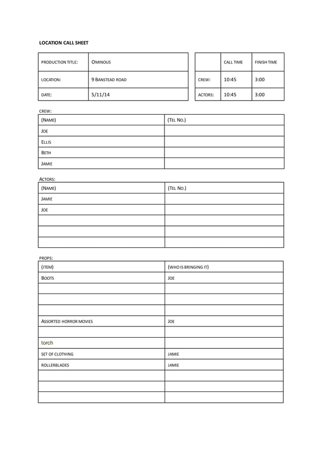Location Call Sheet | PDF