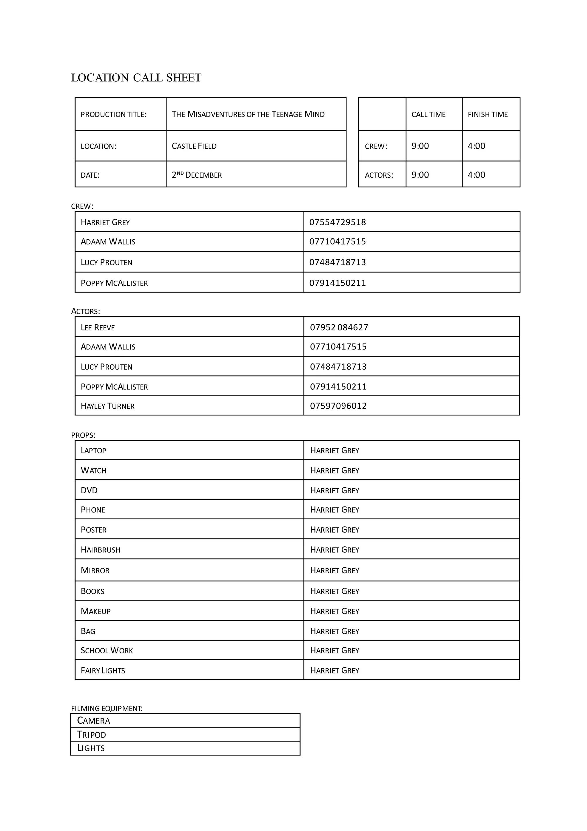 Location call sheet | DOCX