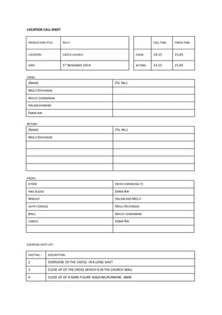 Location call sheet | DOCX