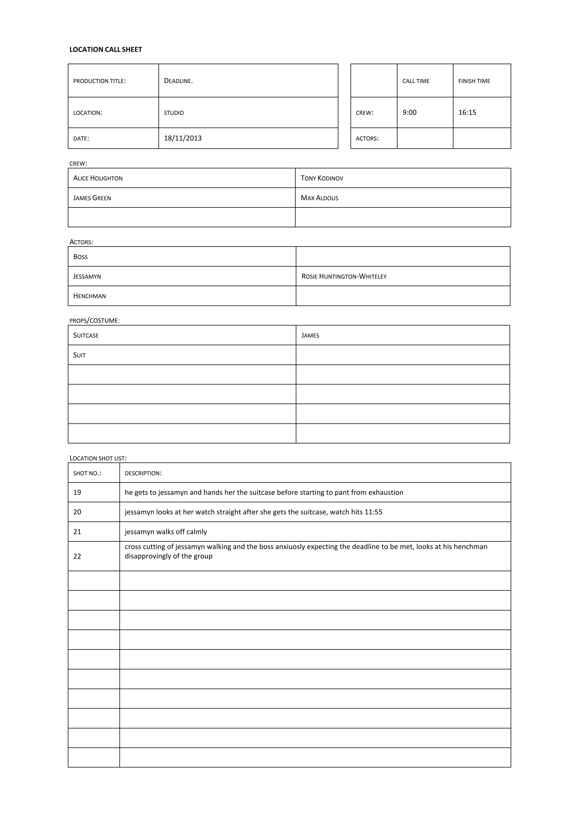 Location call sheet 4 tk ah ma jg | PDF