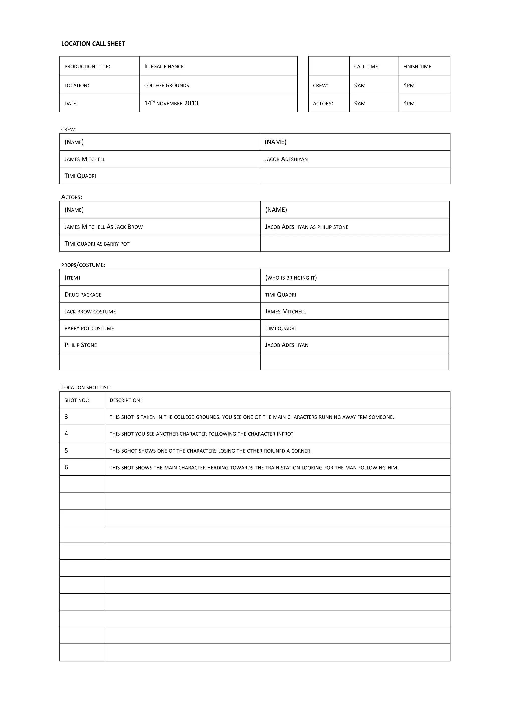 Location call sheet template 2 | DOC