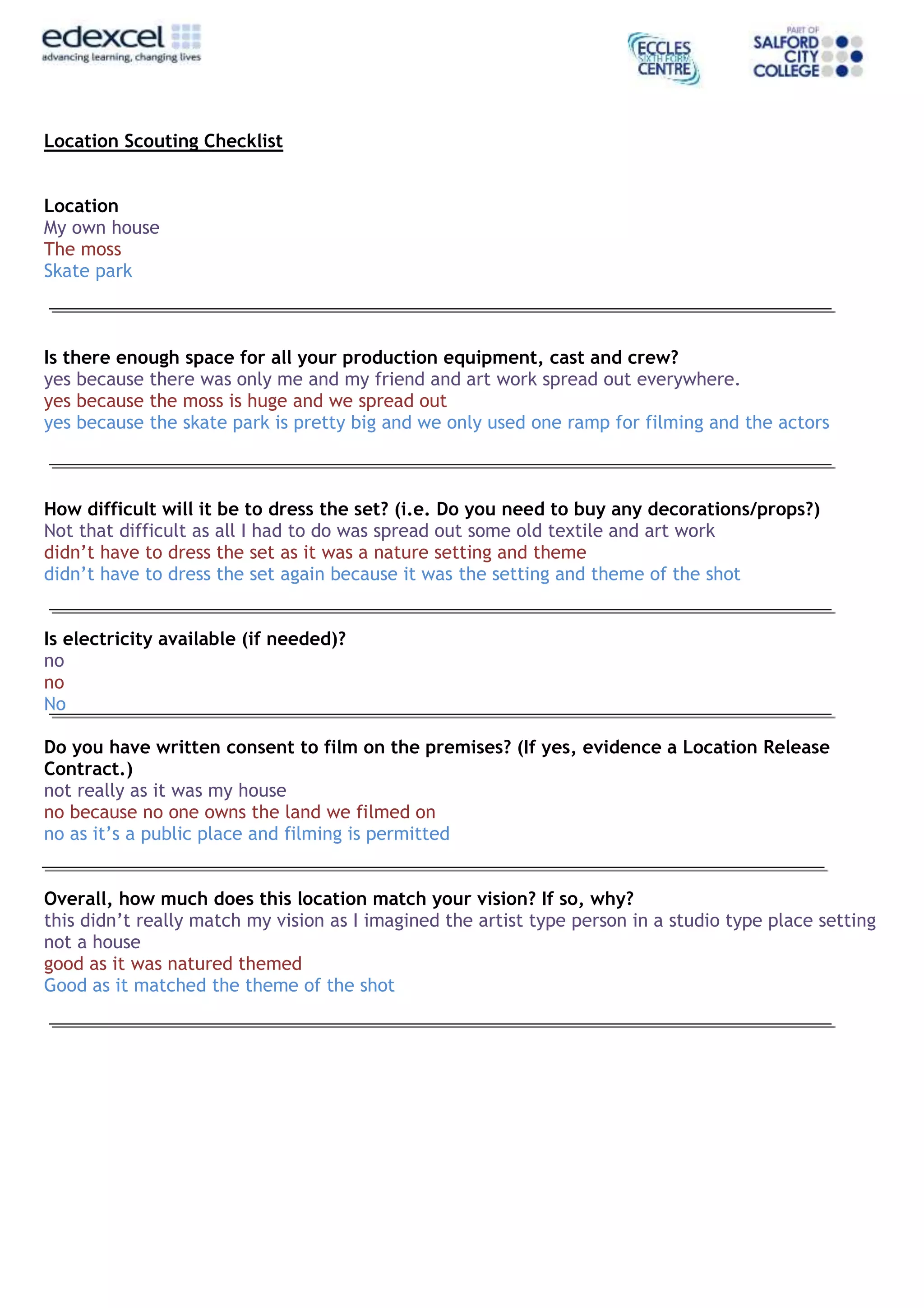 Location Checklist | DOCX | Video Production | Content Production