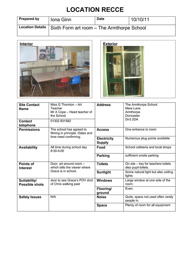 Location Recce - Sixth Form Art Room | DOC