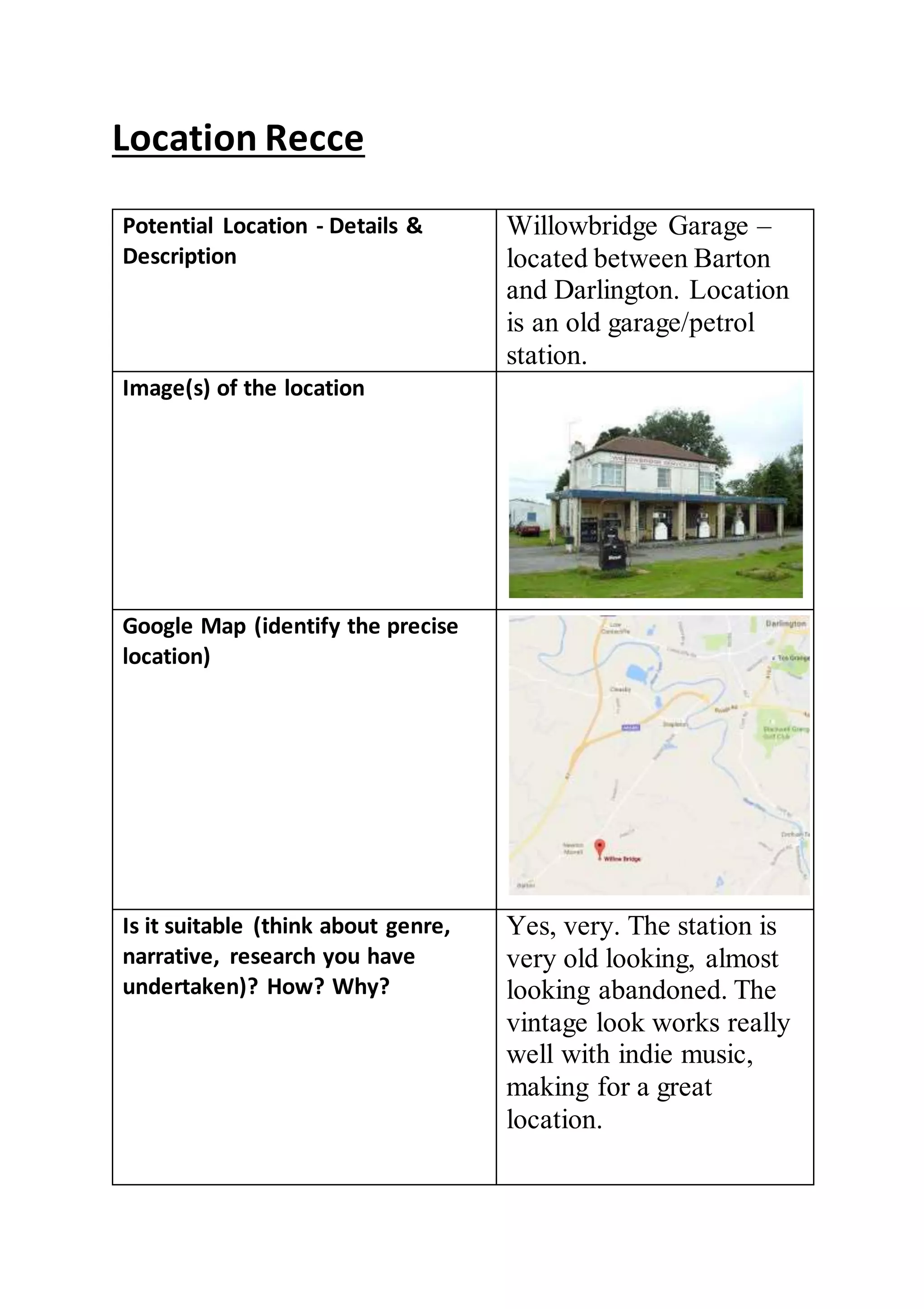 Location Recce - Willowbridge | DOCX | Automotive