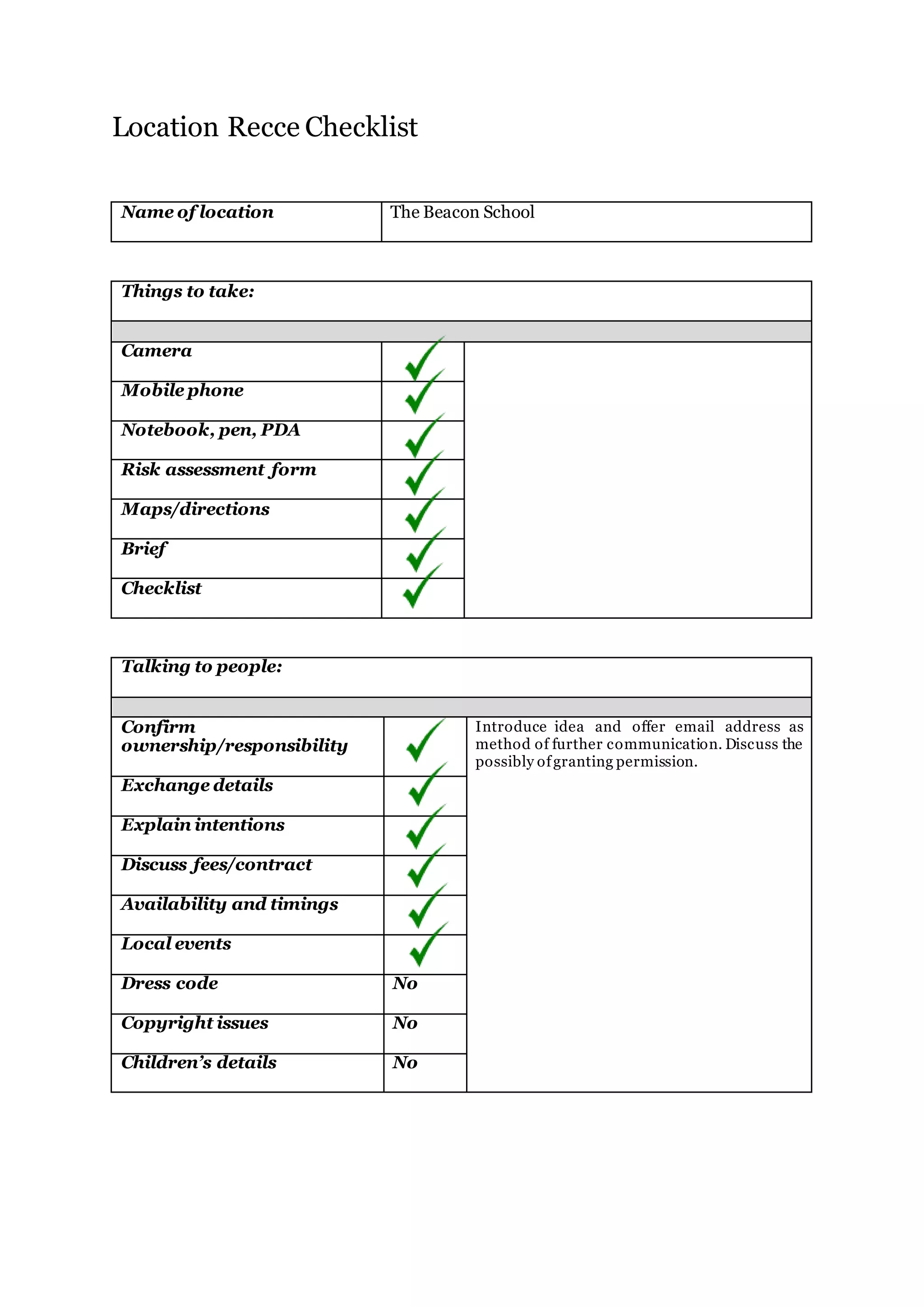 Location Recce Checklist | DOCX