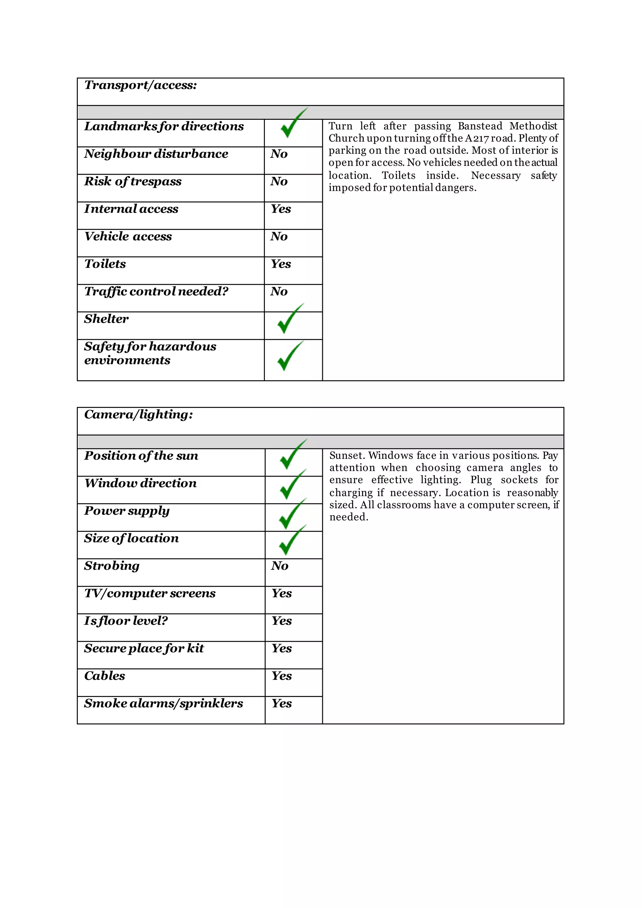 Location Recce Checklist | DOCX