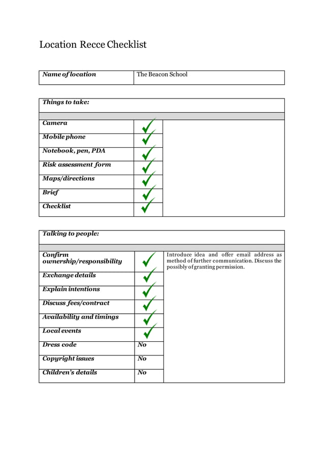 Location Recce Checklist | DOCX