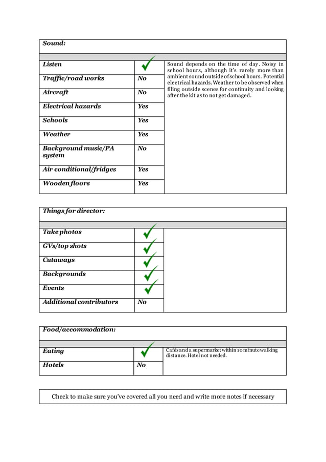 Location Recce Checklist | DOCX