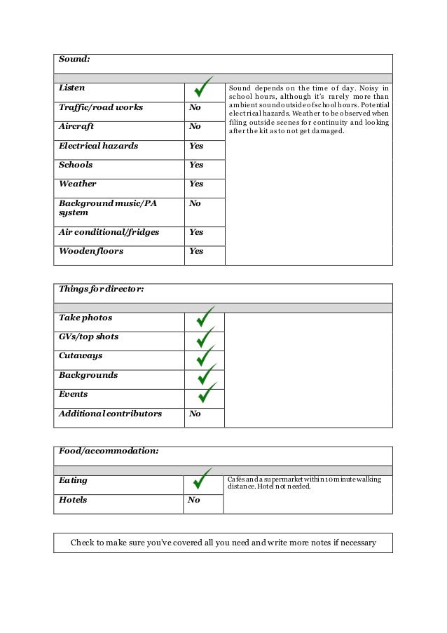 Location Recce Checklist