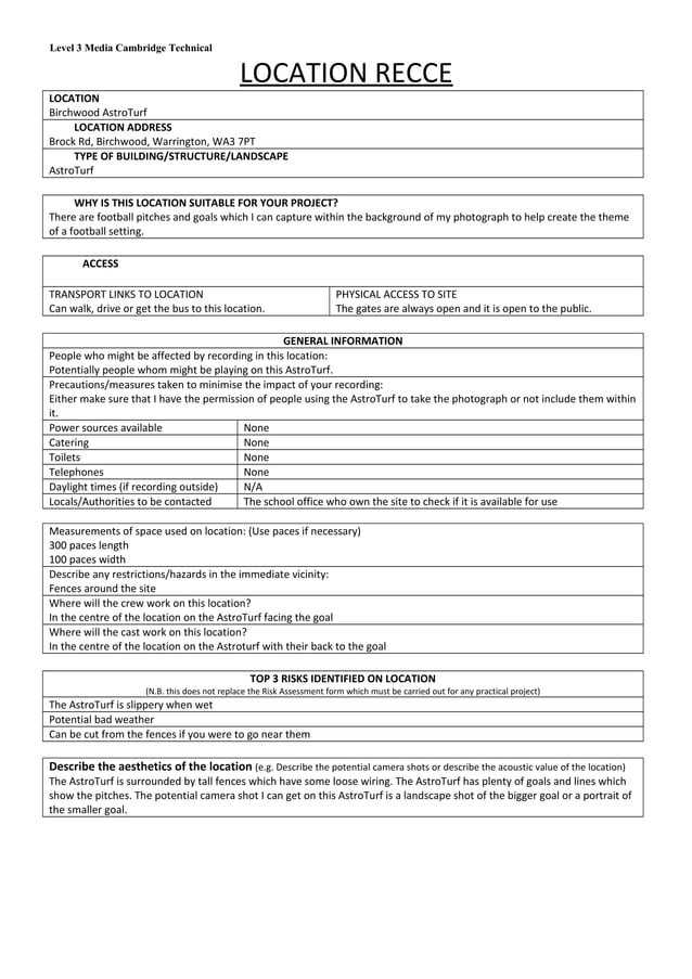 Location recce (field) | DOC