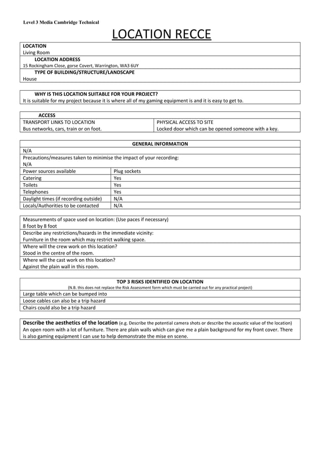 Location recce (home) | PDF