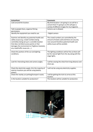 Location recces | DOCX | Photography | Arts and Crafts