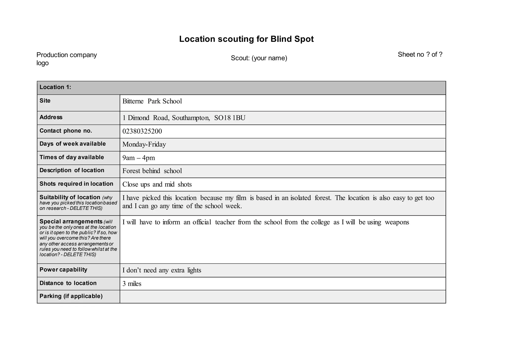 Location recce template | DOCX
