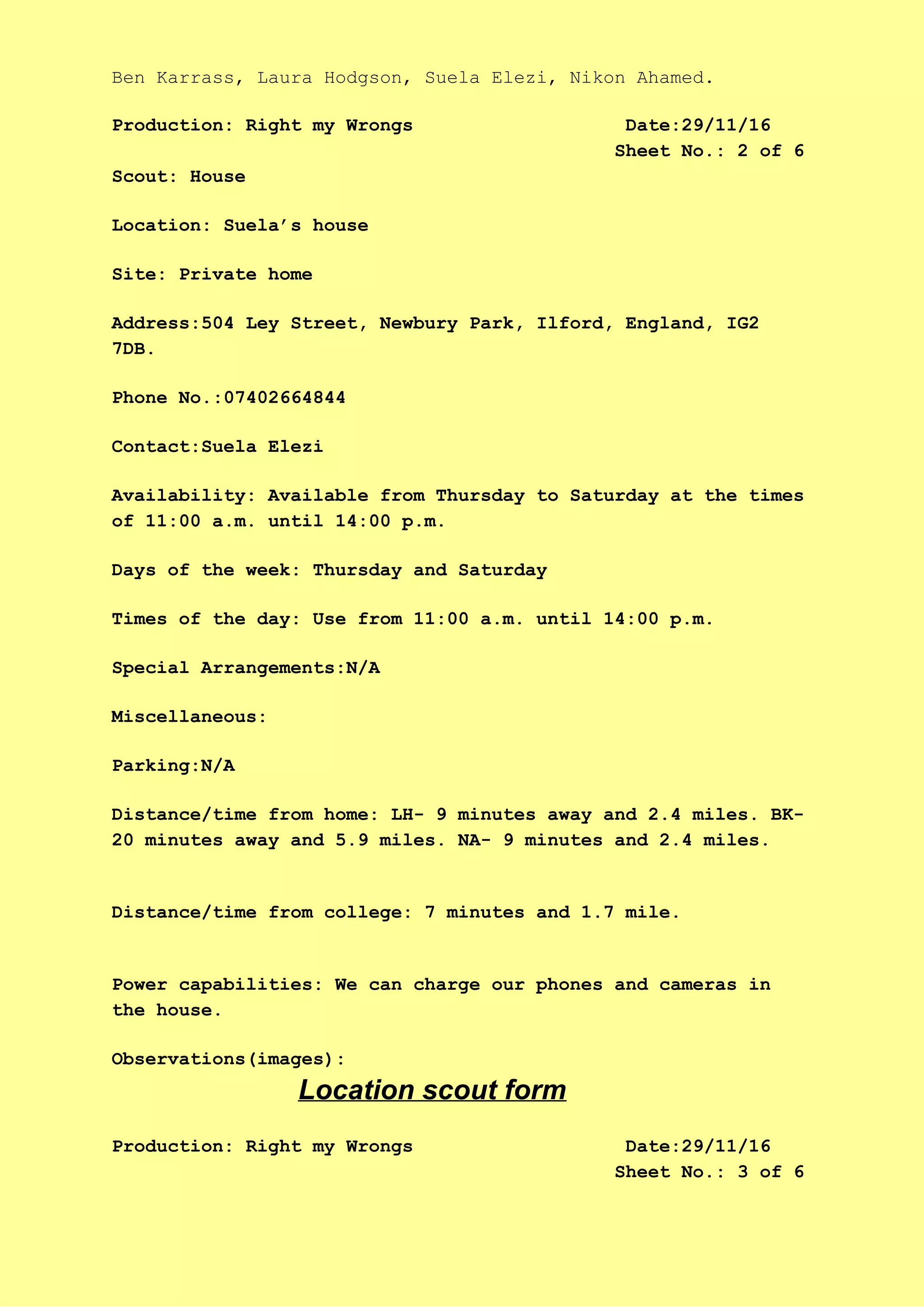 Location scout form | PDF | College Planning | College Education