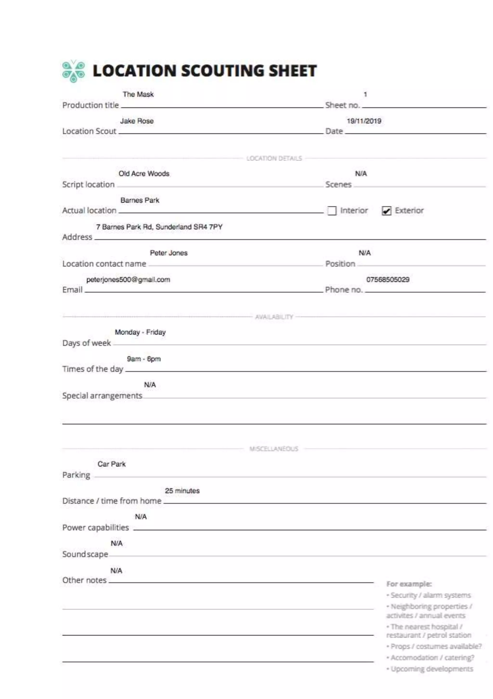 Location scoutign sheet 1 | DOCX