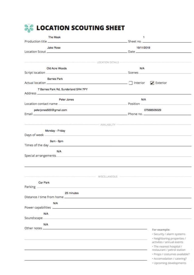 Location scoutign sheet 1 | DOCX