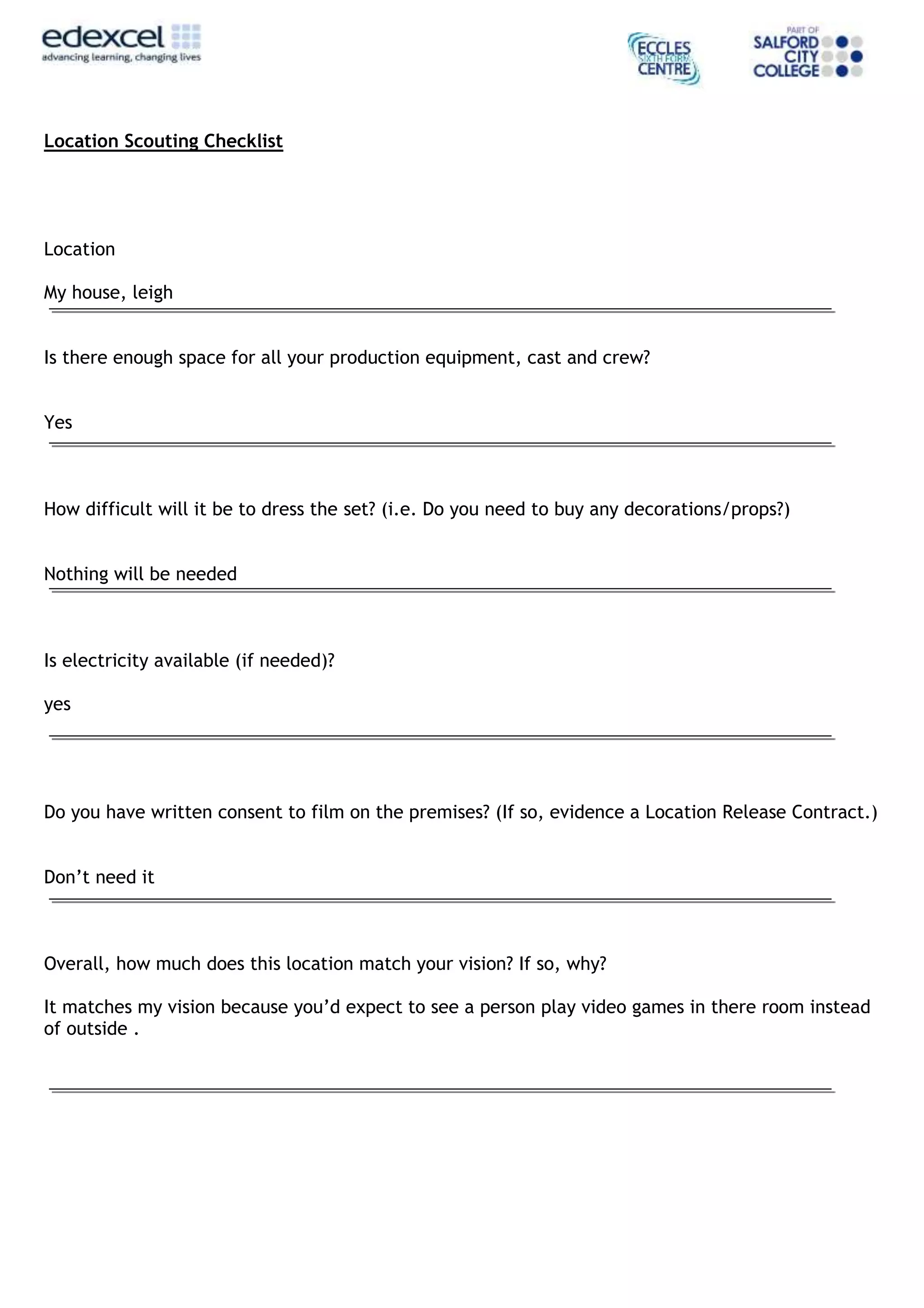 Location scouting checklist | DOCX