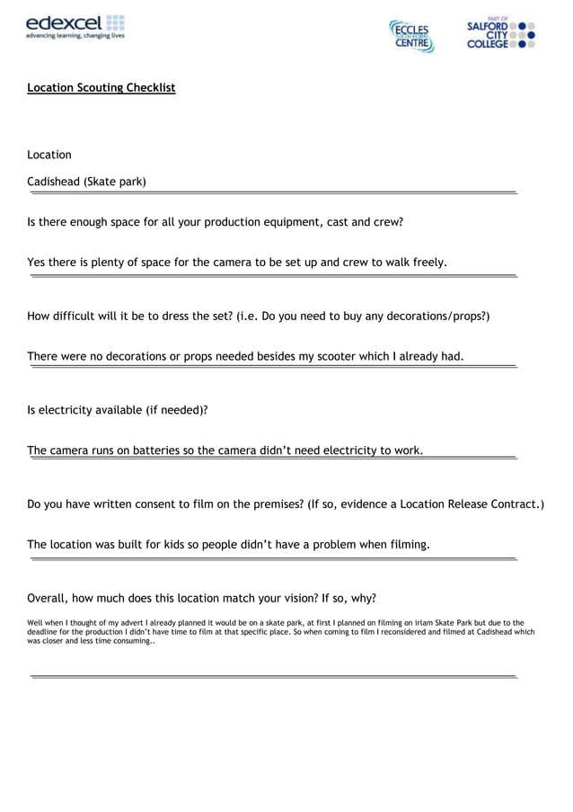 Location scouting checklist advert | DOCX