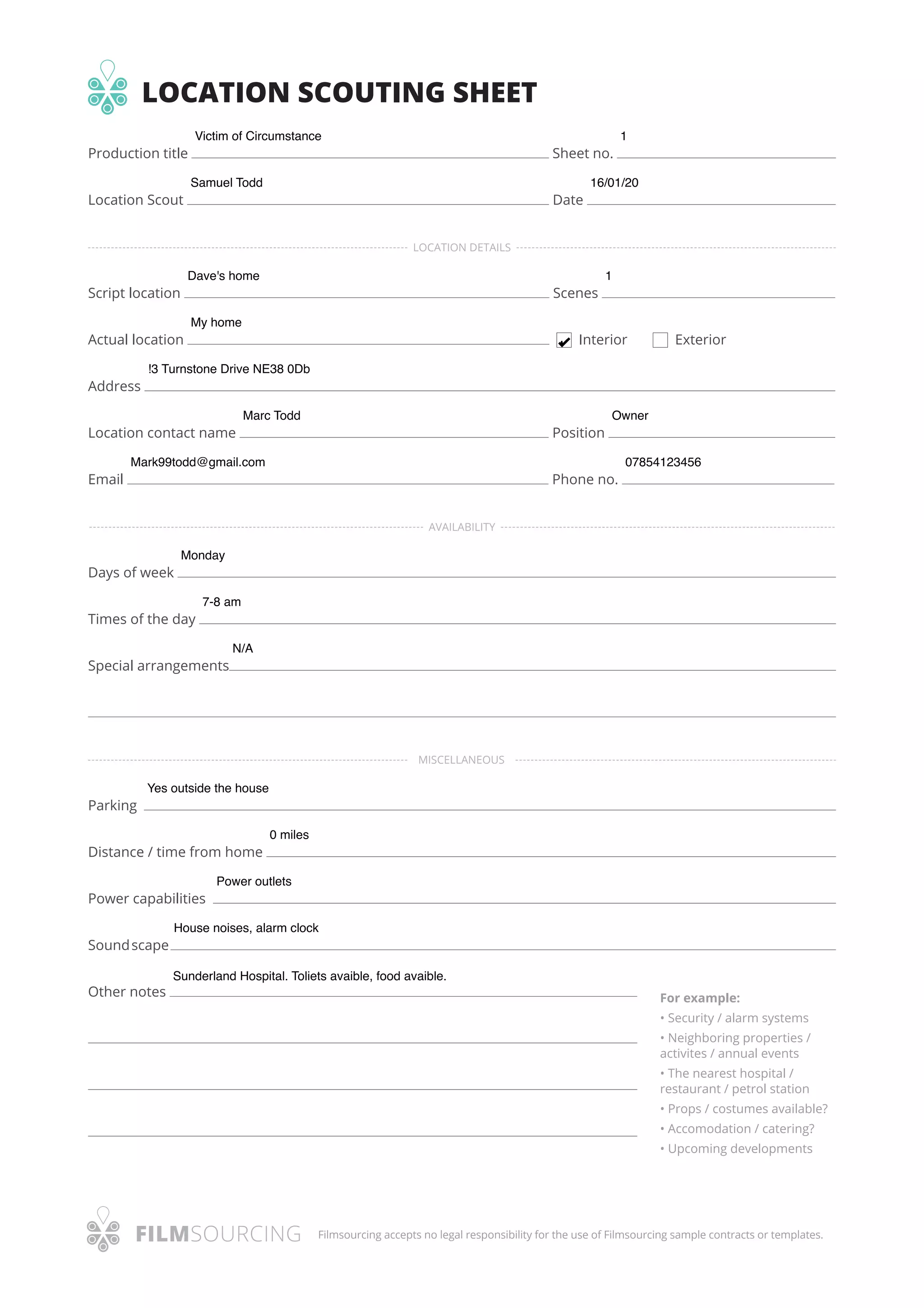 Location scouting recce sheet 2 | PDF