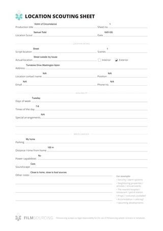 Location scouting (recce) sheet 3 | PDF
