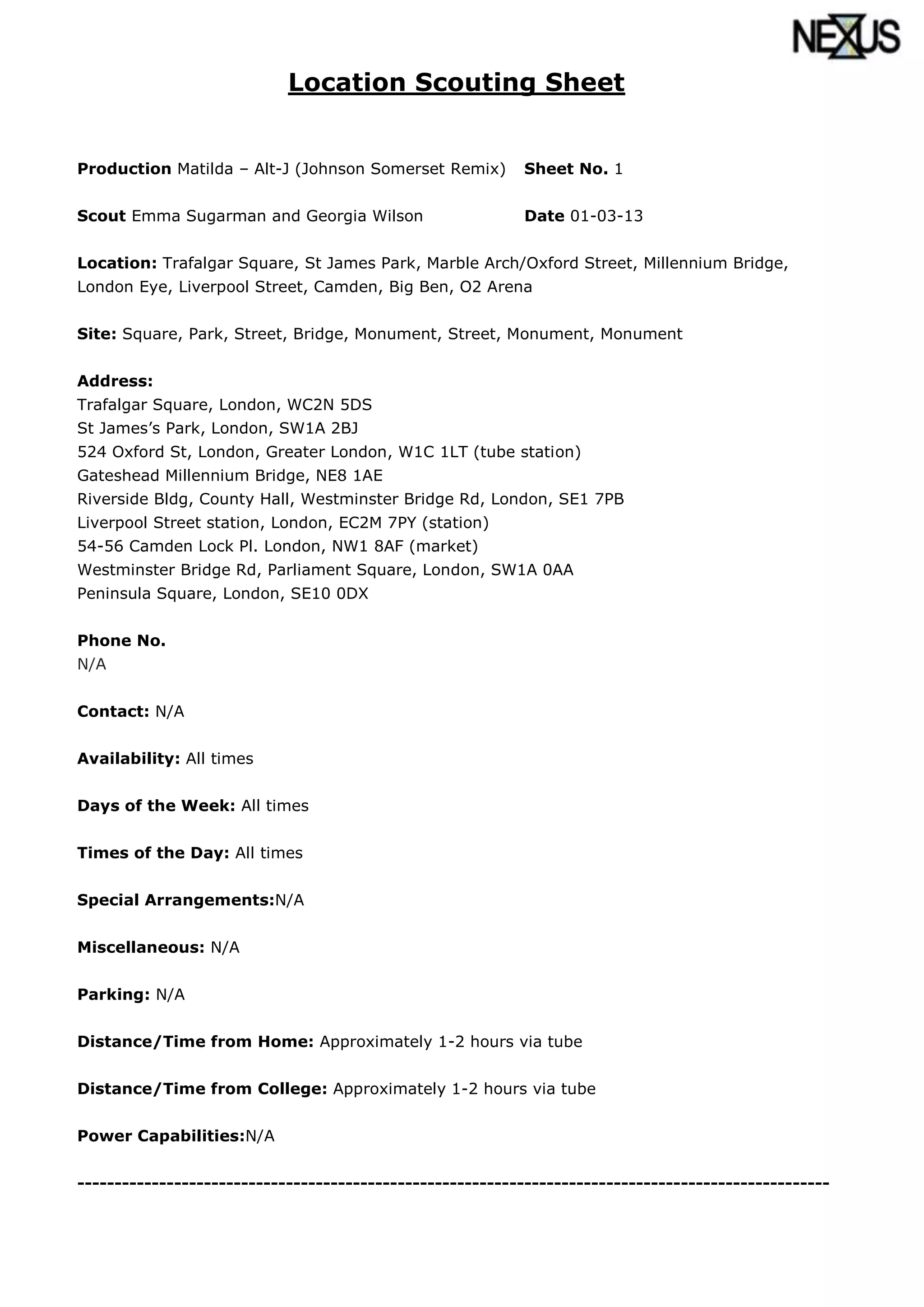 Location Scouting Sheet | PDF