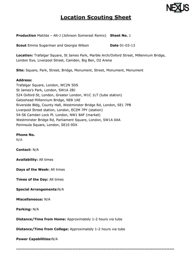 Location Scouting Sheet | PDF