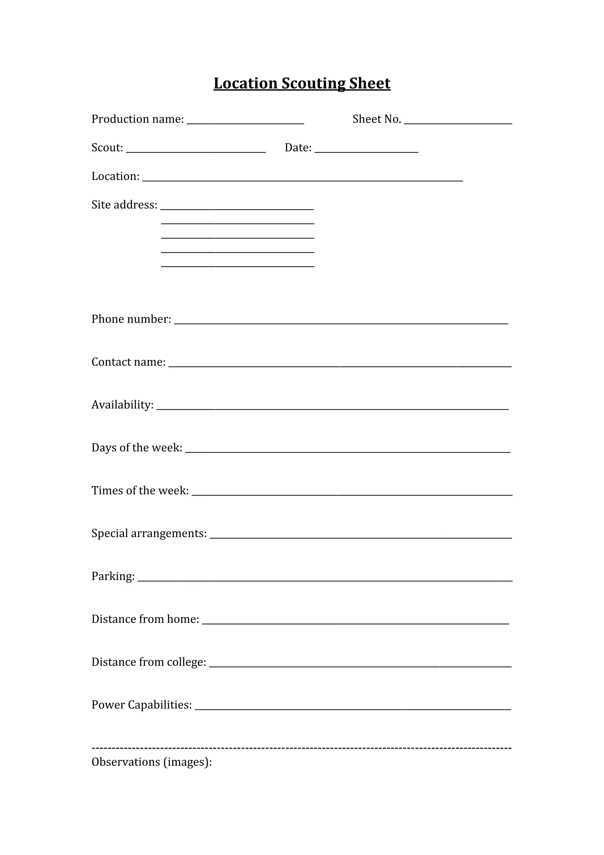 Location scouting sheet | DOCX | Video Production | Content Production