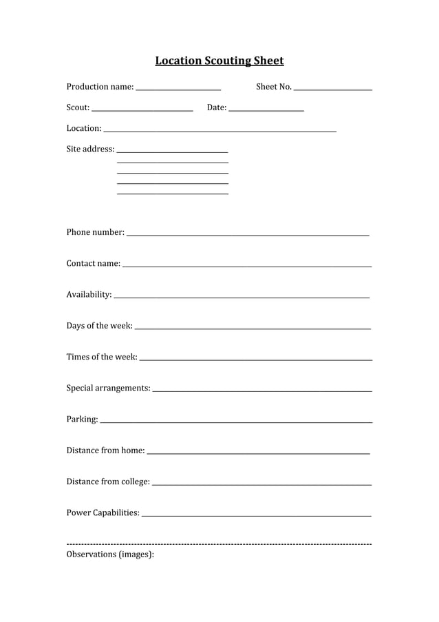 Location scouting sheet | DOCX | Video Production | Content Production
