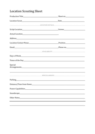 Location scouting sheet | DOCX