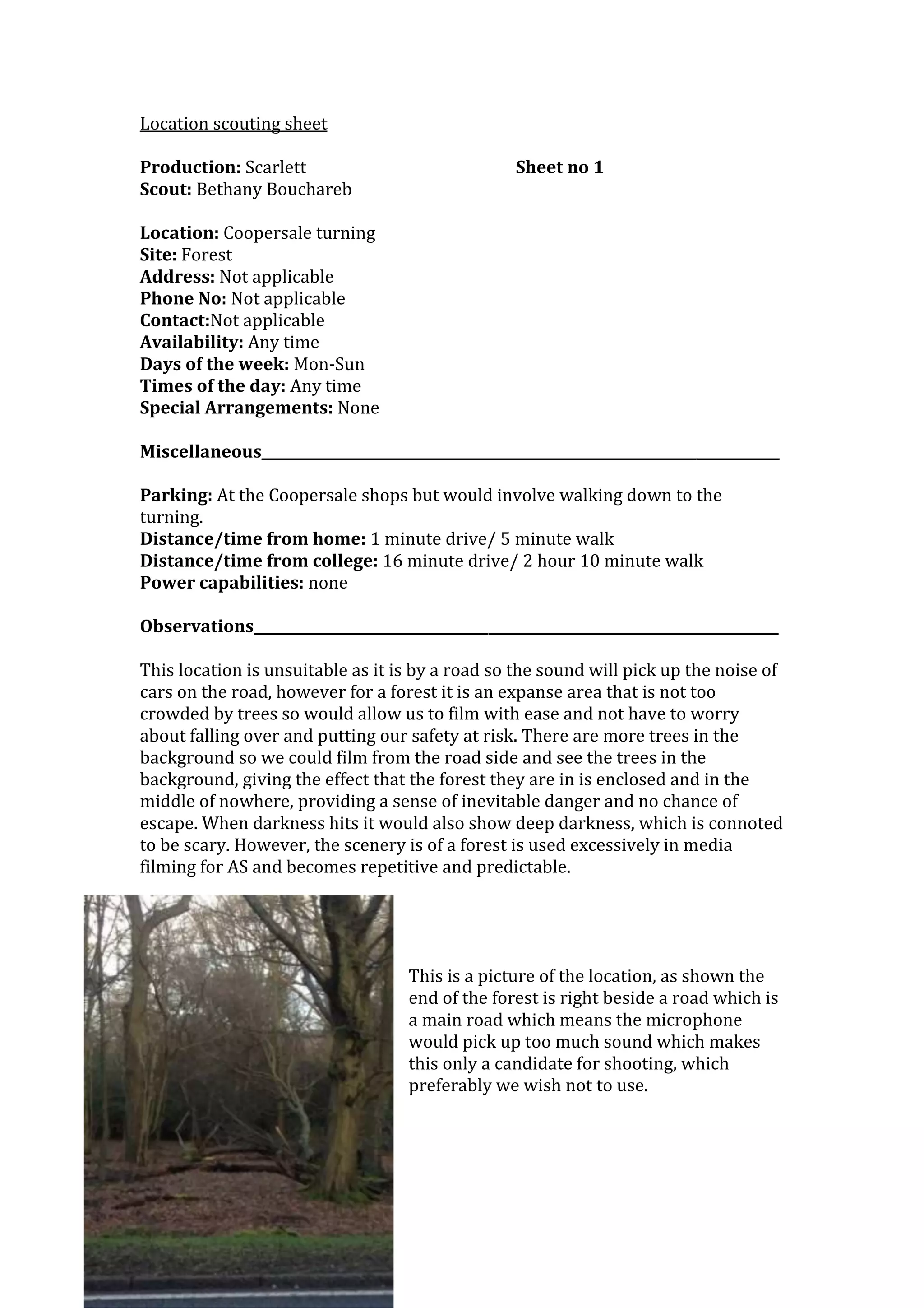 Location scouting sheet | DOCX