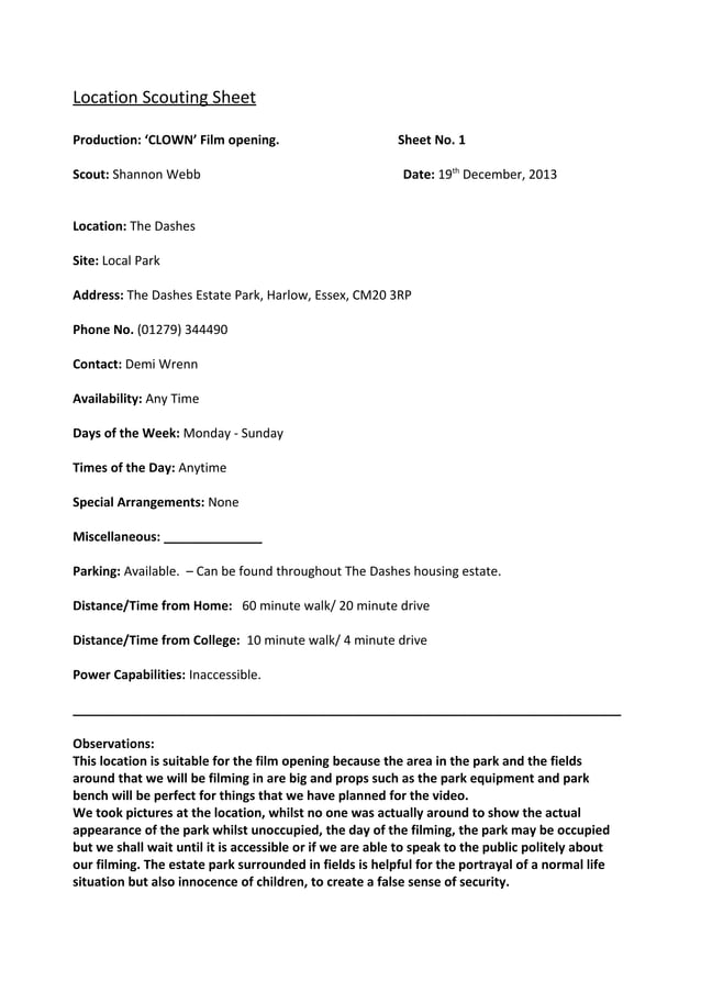 Location scouting sheet | PDF