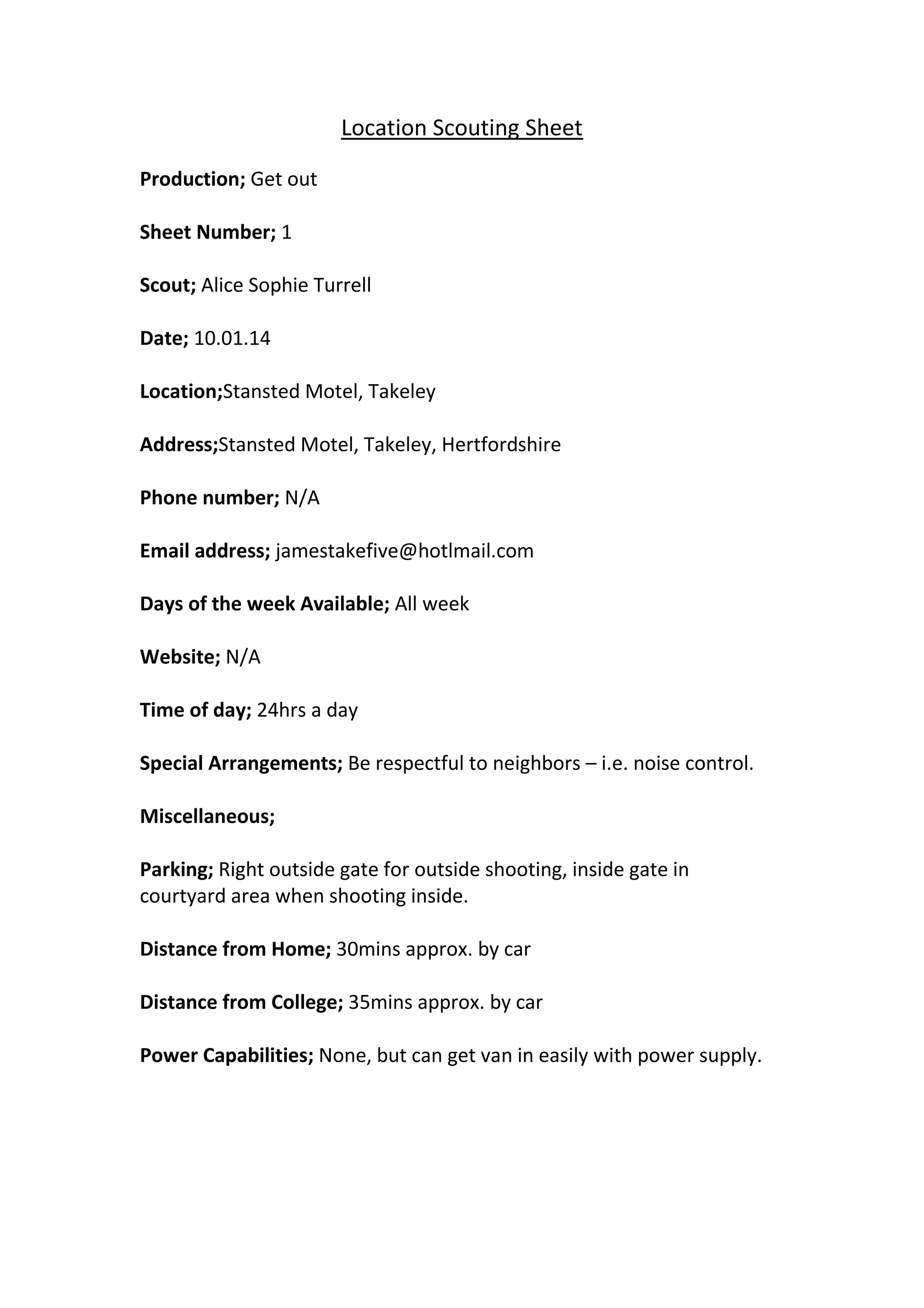 Location Scouting Sheets | PDF