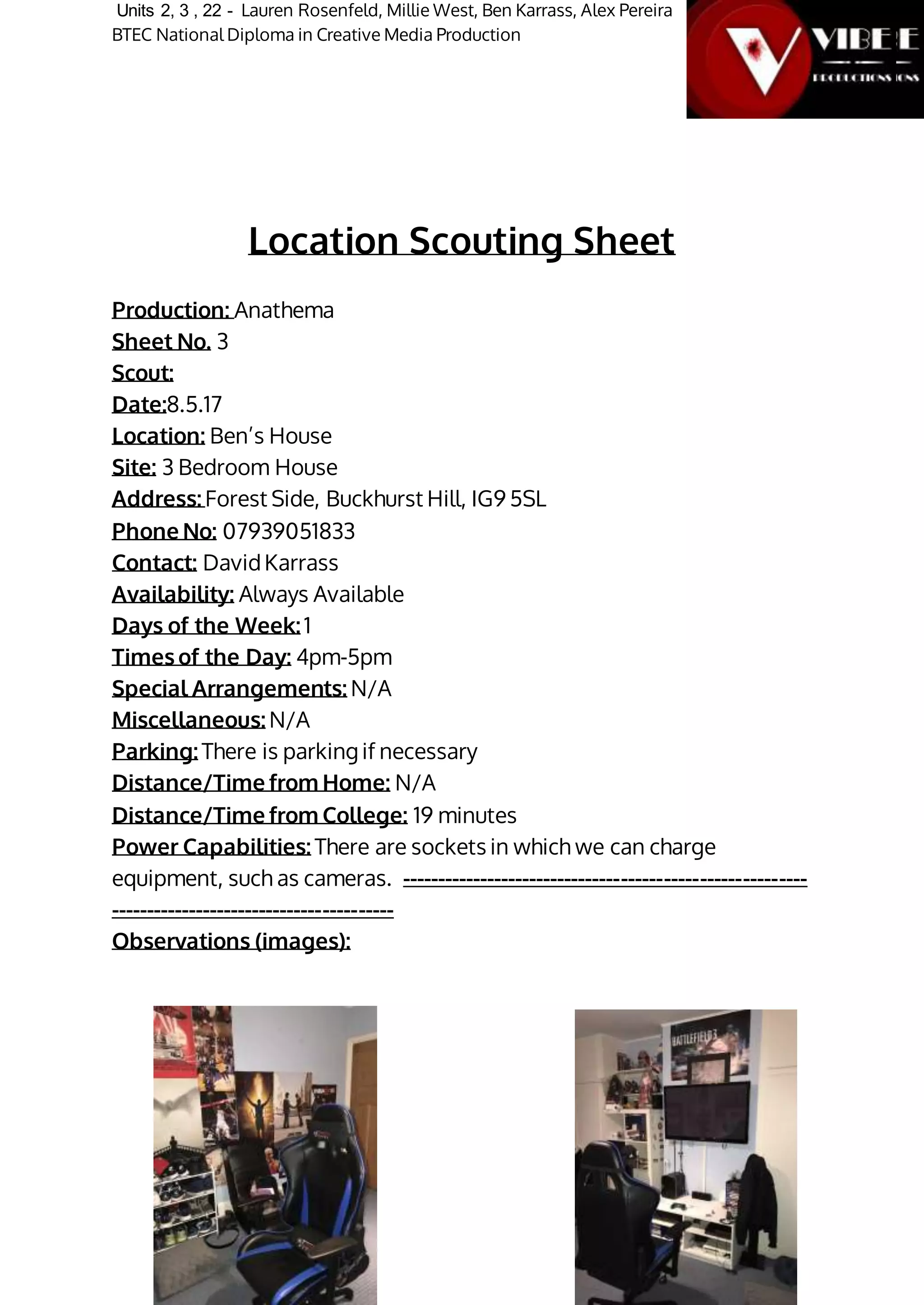 Location scouting sheet | DOCX