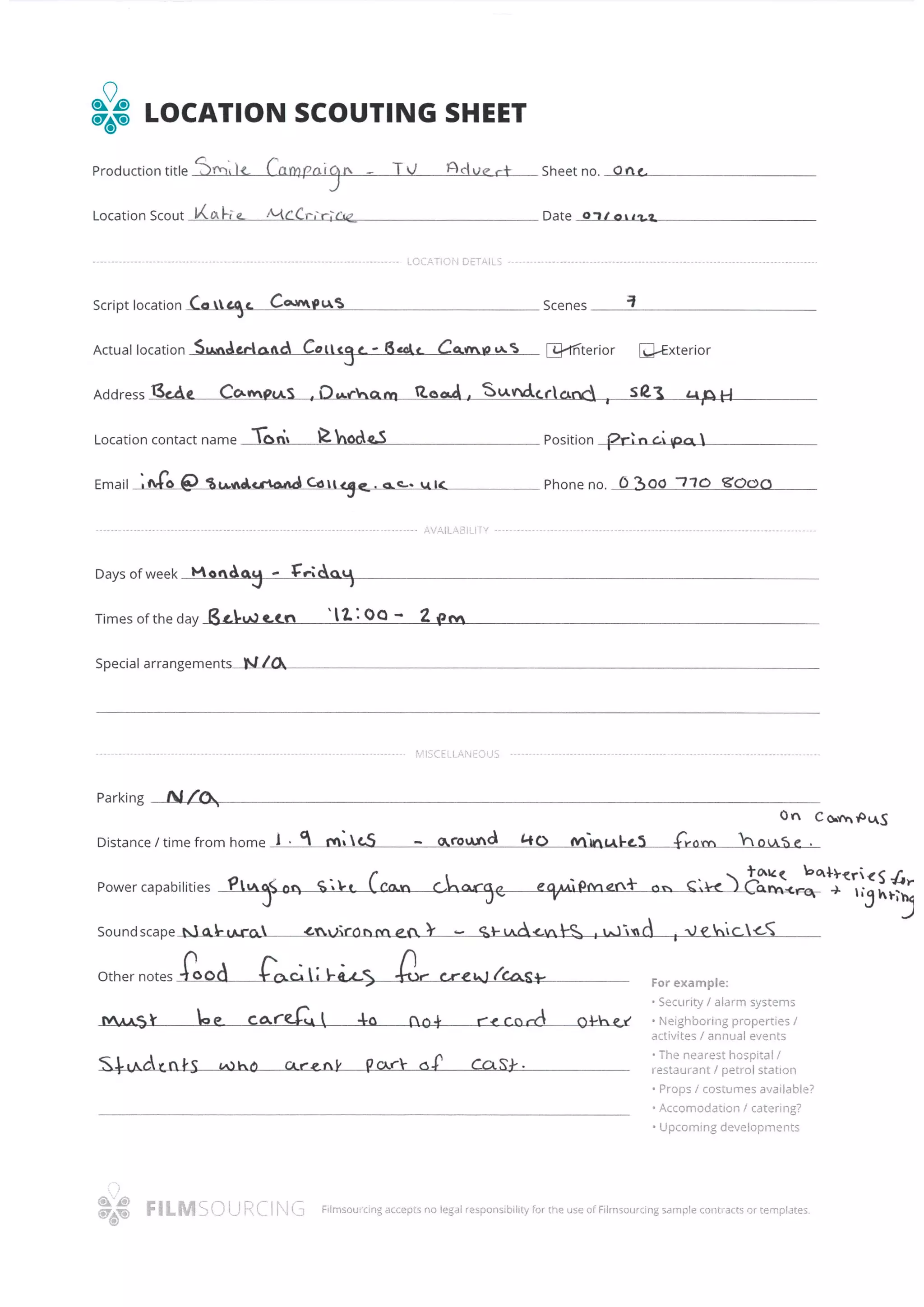 Location scouting sheet | PDF