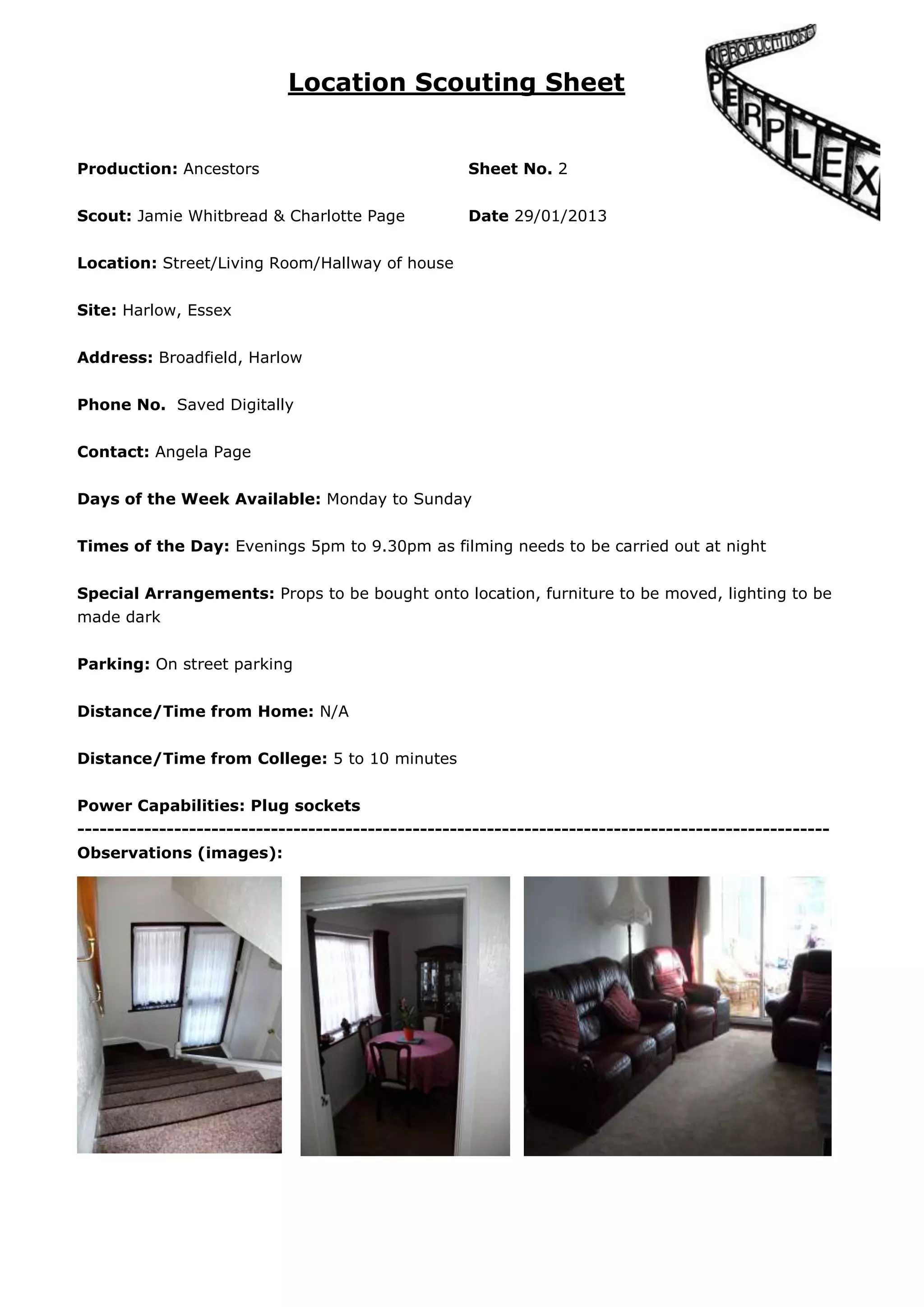 Location Scouting Sheet House | DOCX