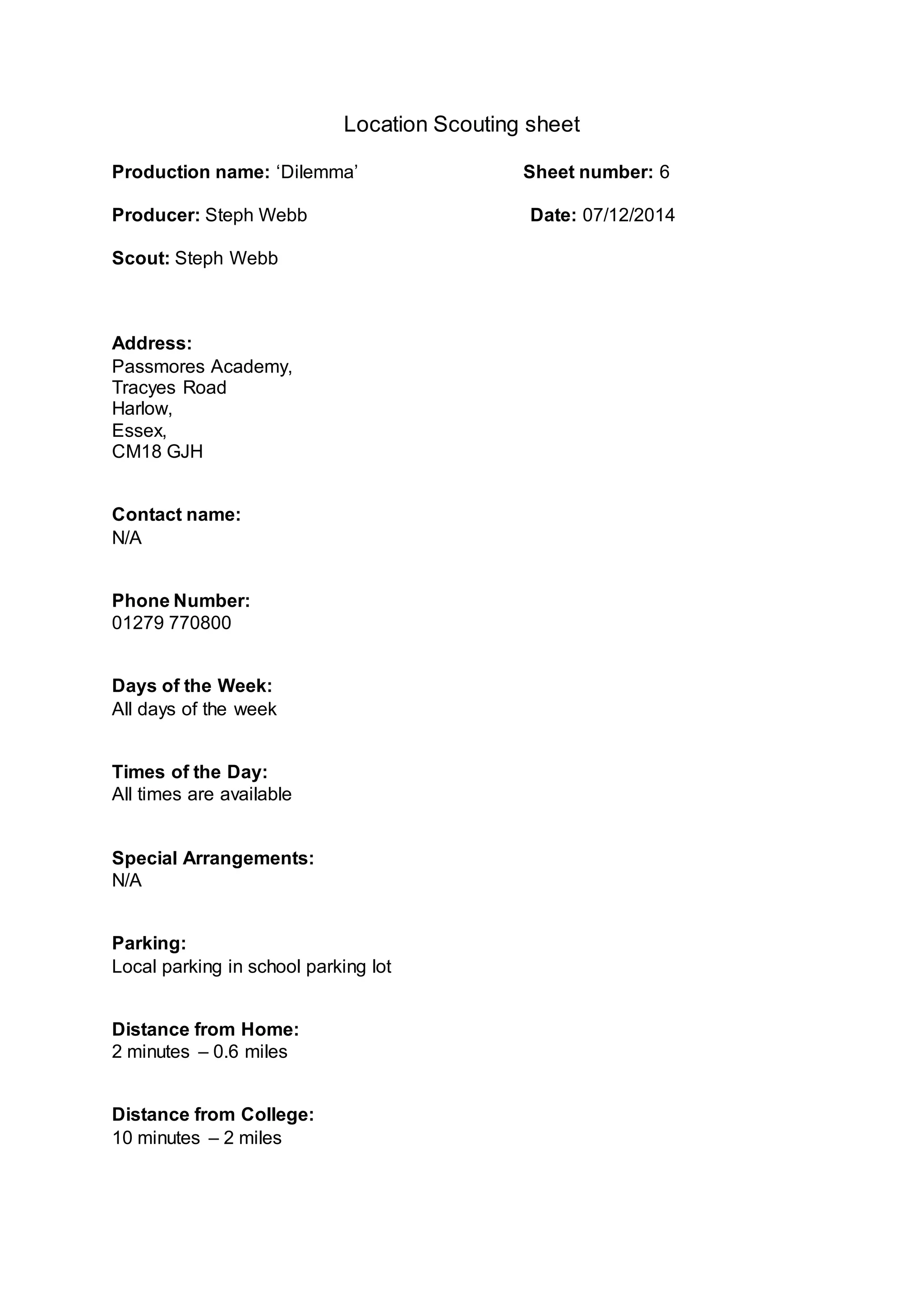 Location scouting sheet school | DOCX