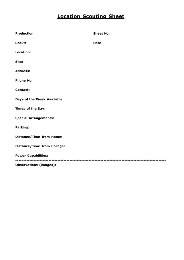 Location scouting sheet template | DOCX