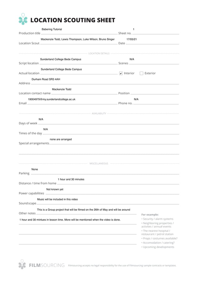 Location scouting template (recce) | PDF