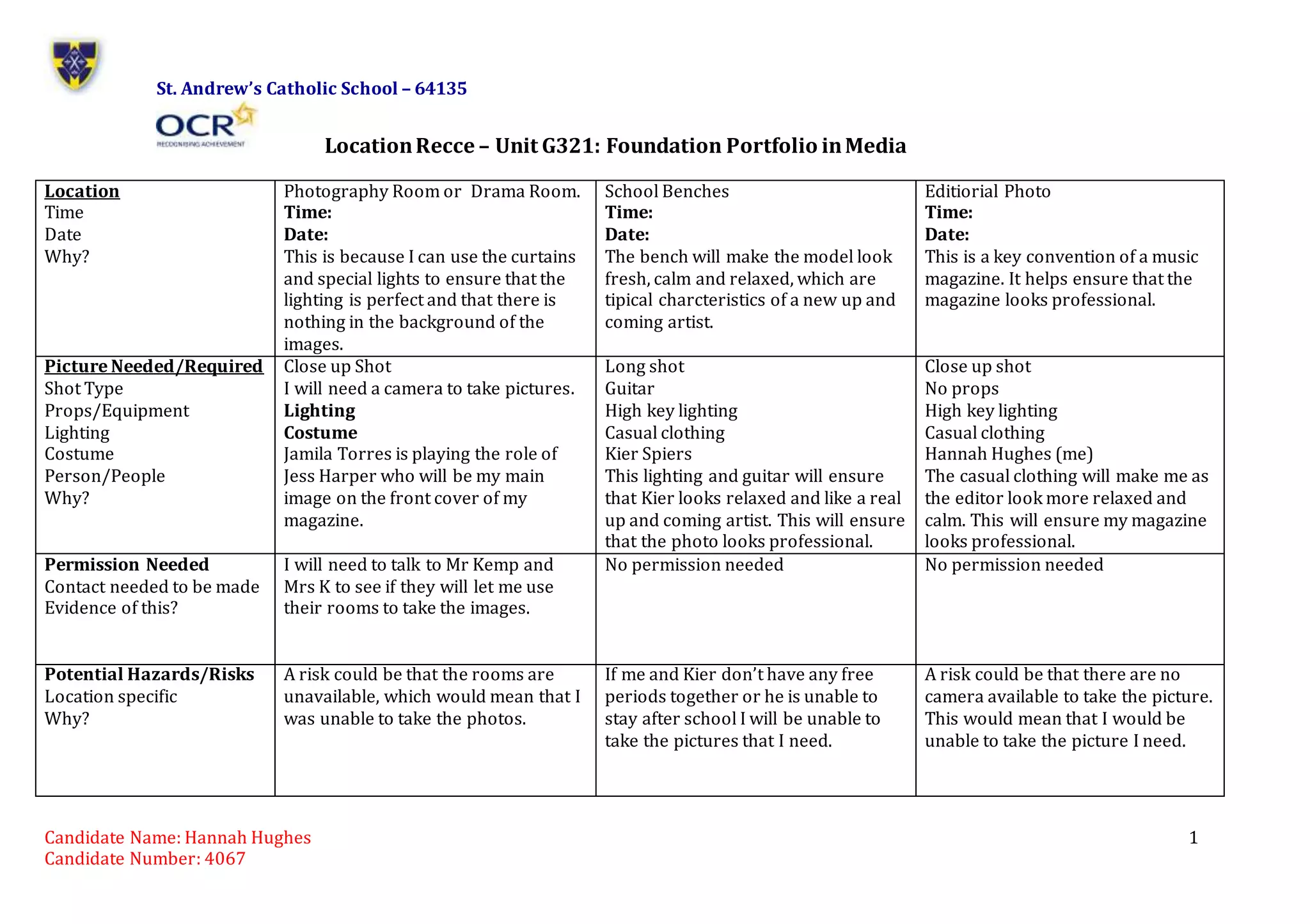 Locations recce template | DOCX | Photography | Arts and Crafts
