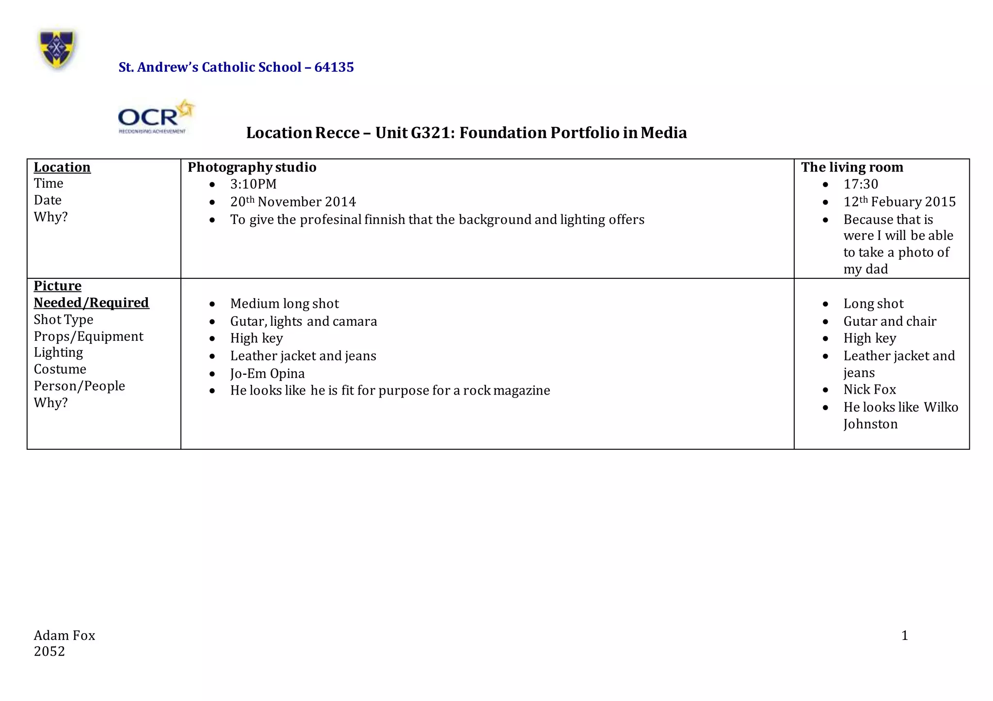 Locations recce template | DOCX