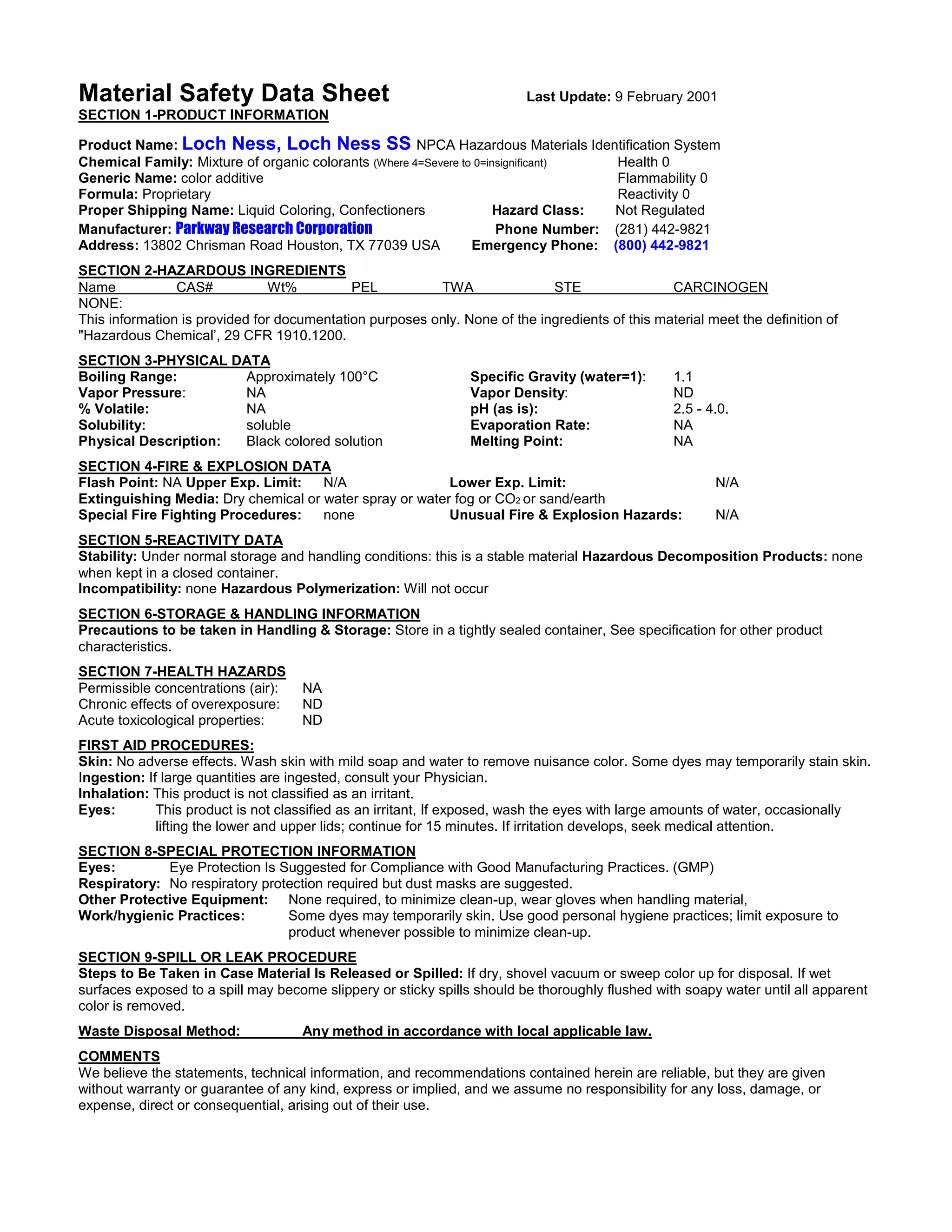 Loch Ness Ss Pond Dye Msds | PDF