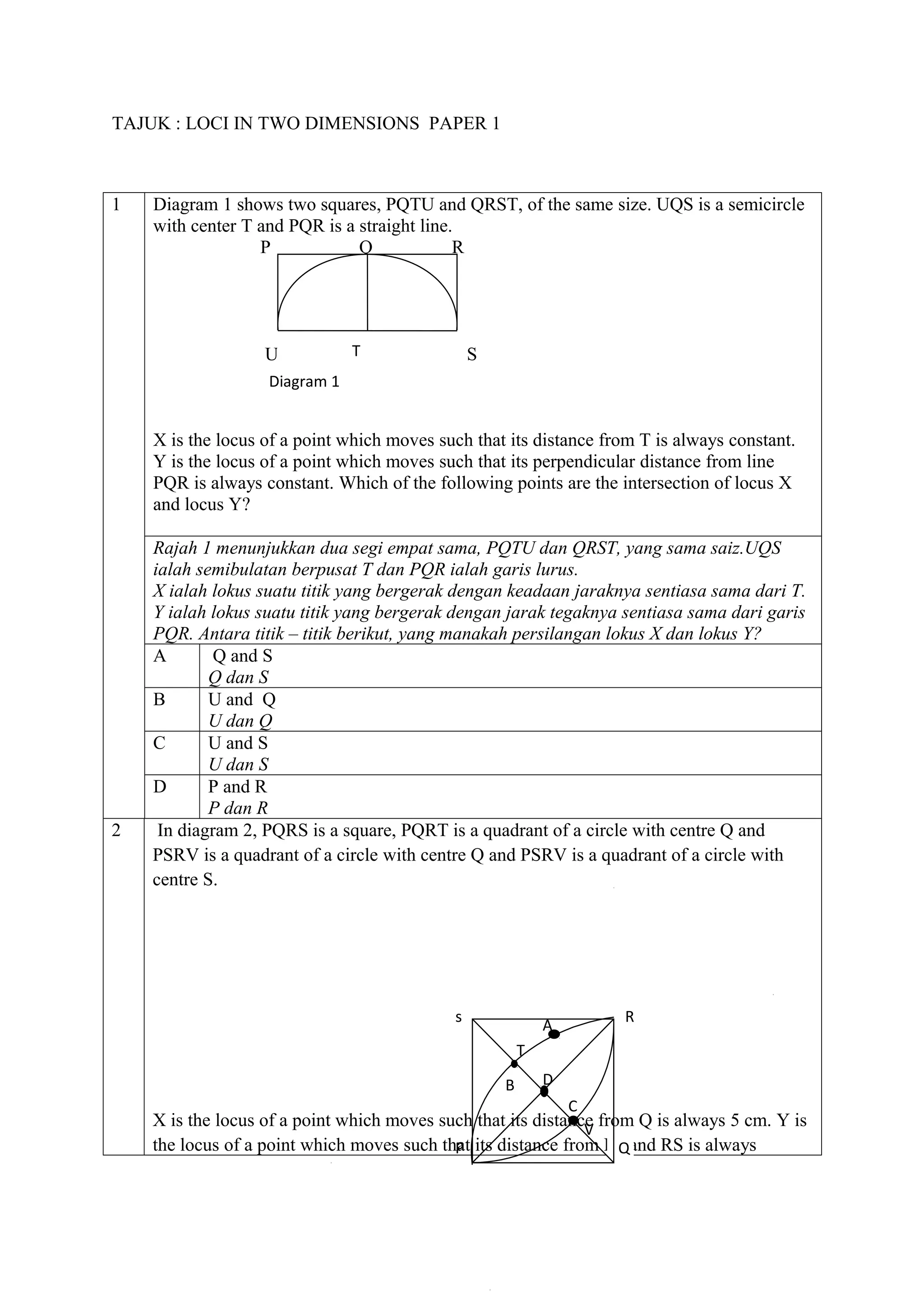 Loci in two dimensions pmr paper 1 | PDF