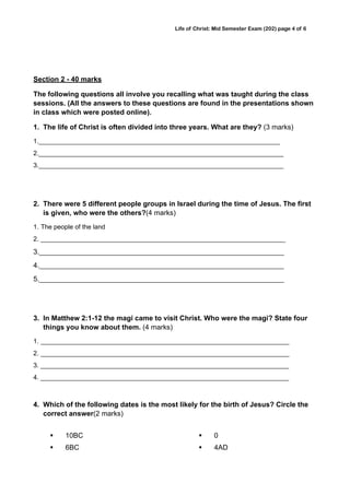 Life of Christ: Mid Semester Exam 2014 | PDF